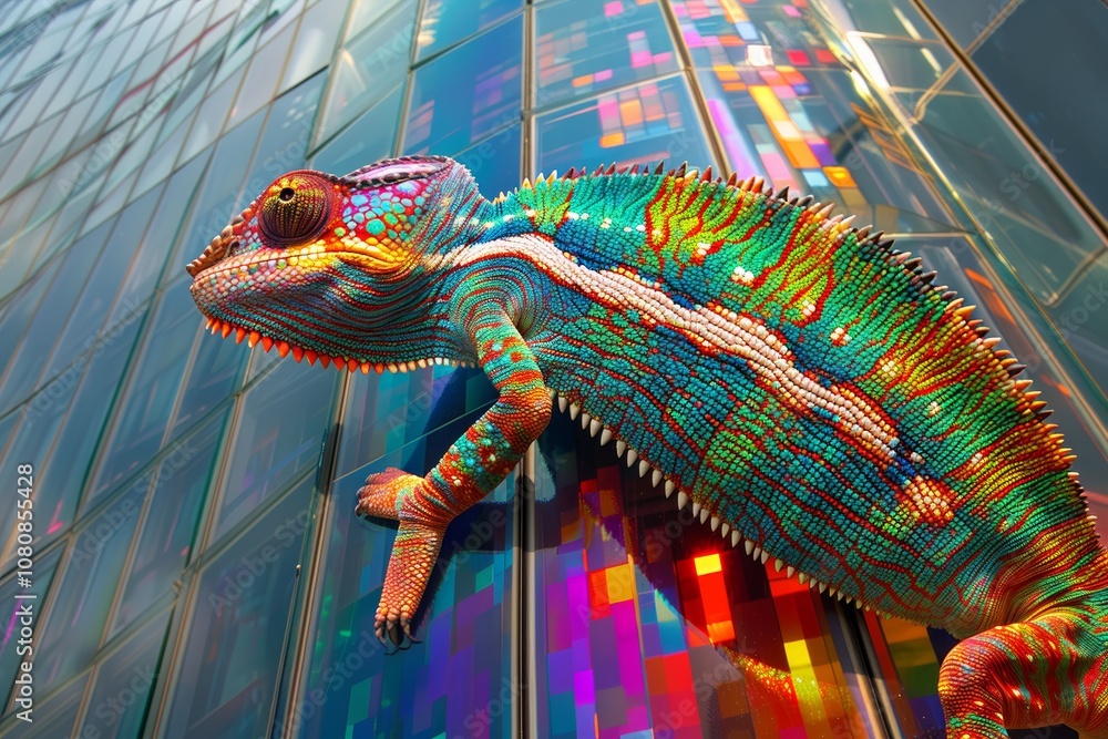 chameleon blending with the skyscraper facade, changing colors and ...