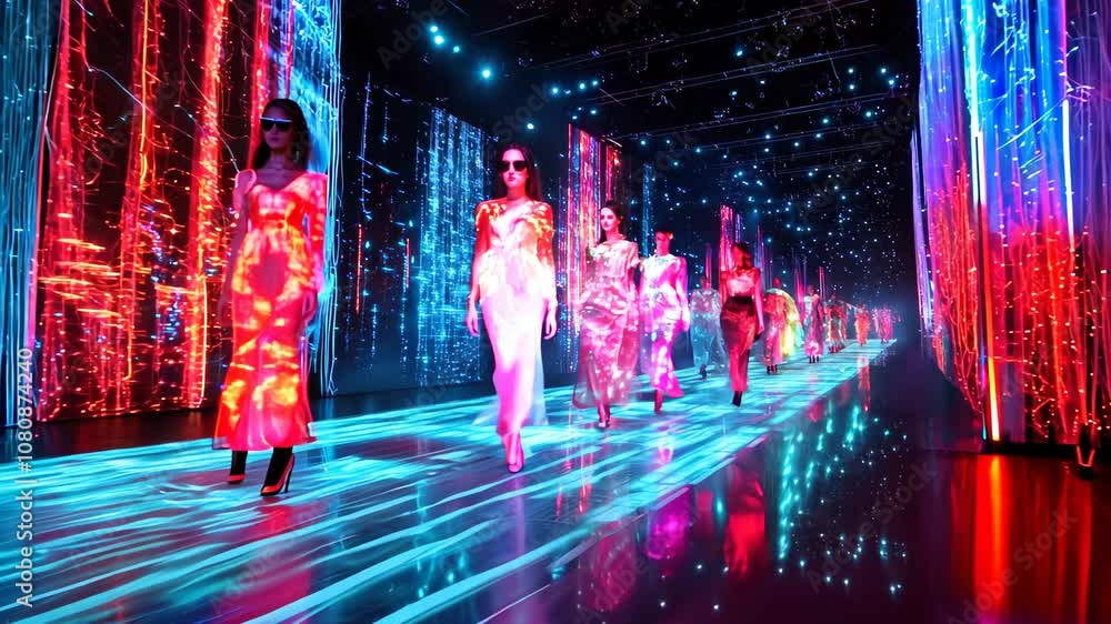 An immersive metaverse fashion show, set in a futuristic virtual world ...