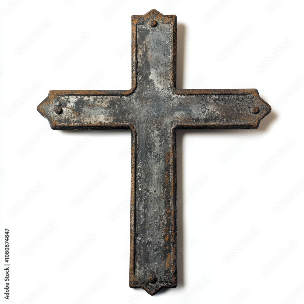 Rustic metal cross, textured surface with weathered finish, strong and ...