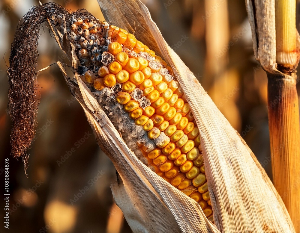 close up view of diseased and moldy corn cob on the field rotten corn ...