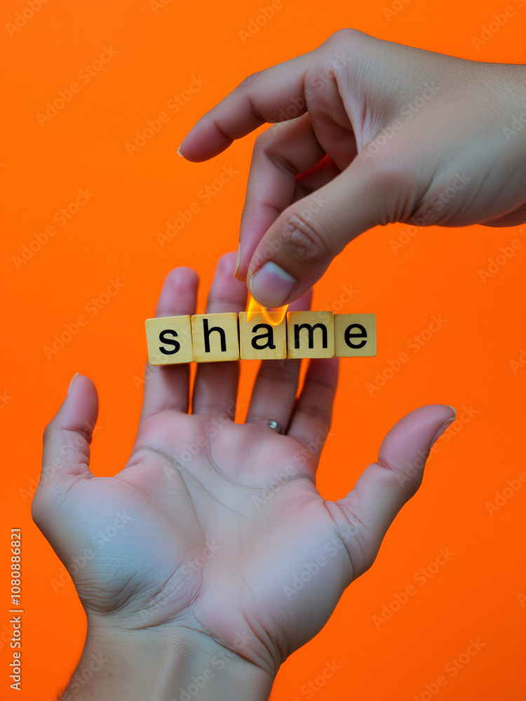 Flame of shame symbol. Male hand flips wooden cubes and changes the ...