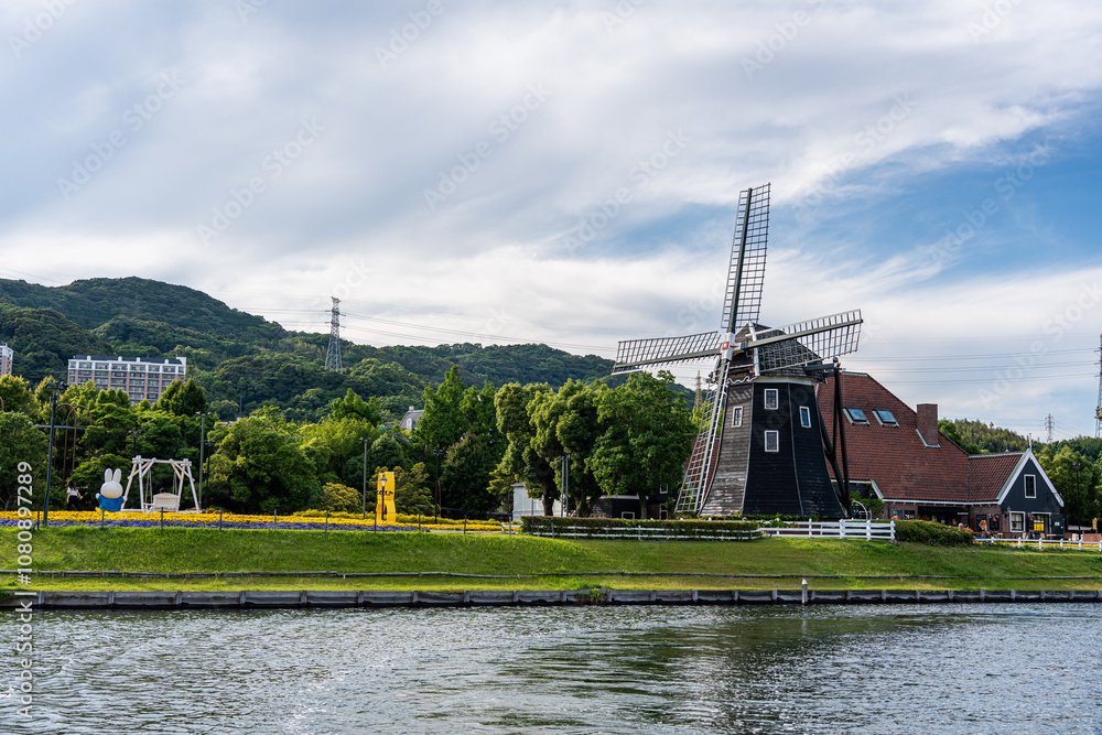 Dutch theme architecture landscape along canal cruising in Huis Ten ...