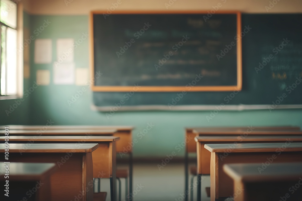 Blur background of interior design of empty classroom with blackboard ...