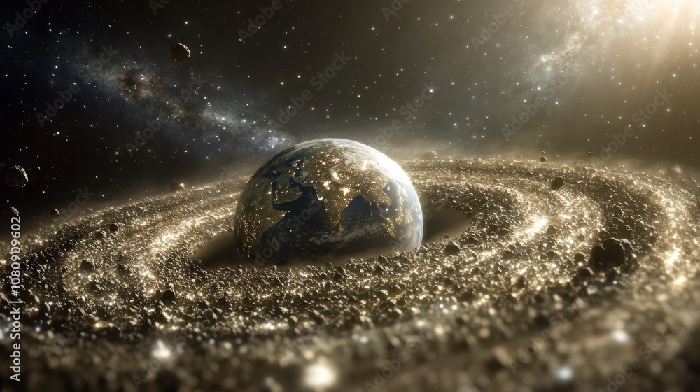 Planet earth is illuminated by a bright star while surrounded by an ...