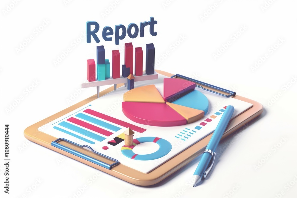 3D Illustration of Business Report with Charts and Graphs on Clipboard ...