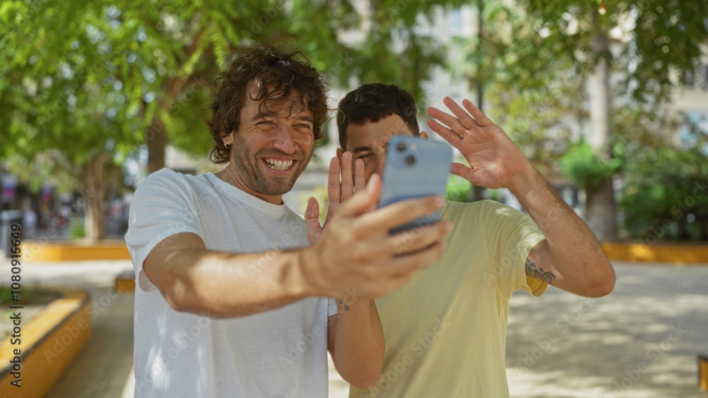Men happily making a video call together in a lively urban park setting ...