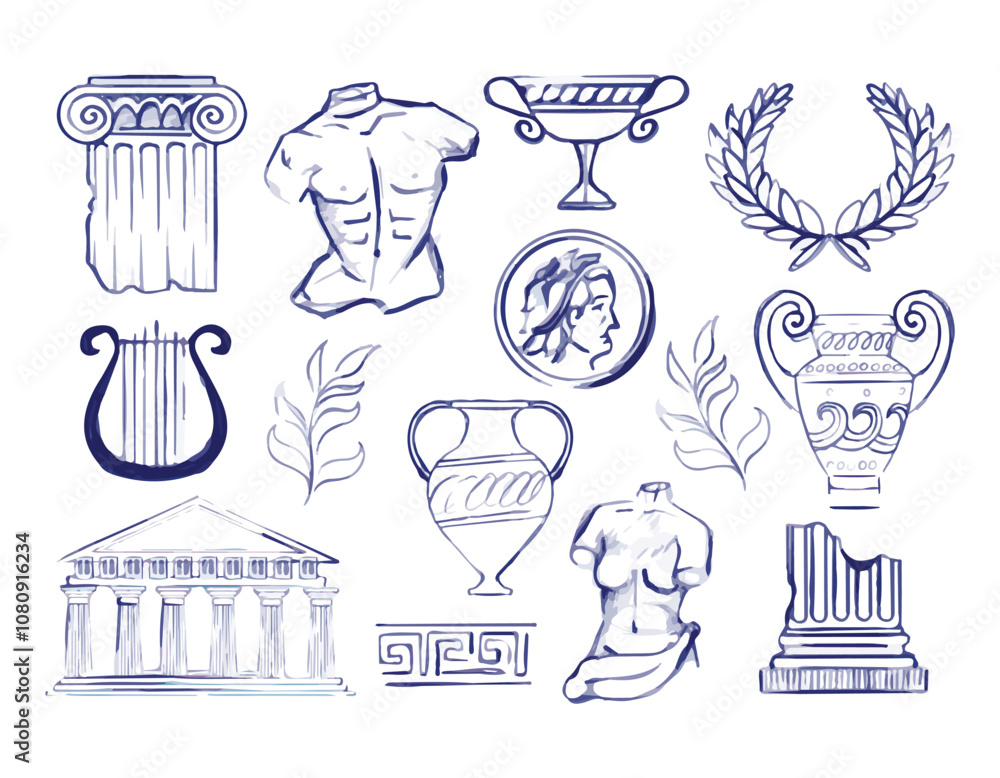Poster Collection of ancient Greek symbols and artifacts columns ...