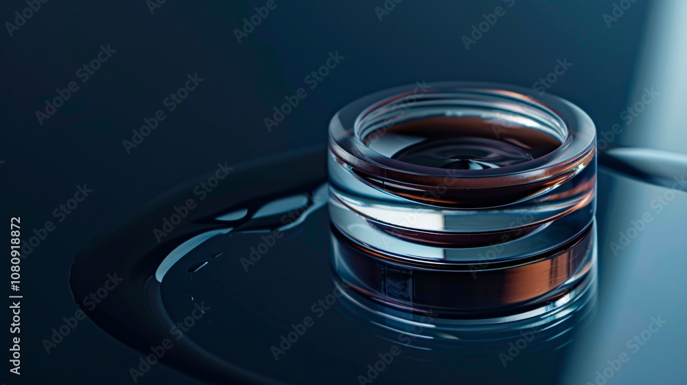 Vintage chrome magnifying glass reflecting light against a dark blue ...