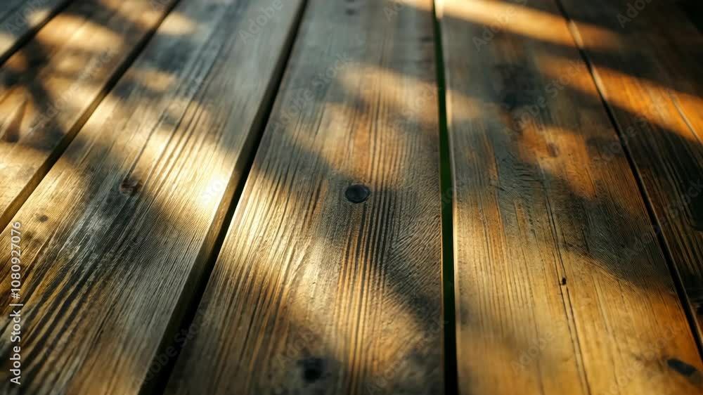 Weathered wooden deck with sunlight and shadows. Rustic wood texture ...