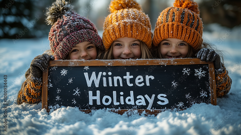 Smiling Kids Holding Winter Holidays Sign in Snowy Outdoors, School ...