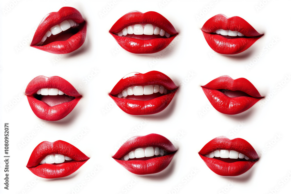Lots of female smiles with red lipstick on a light background Stock ...