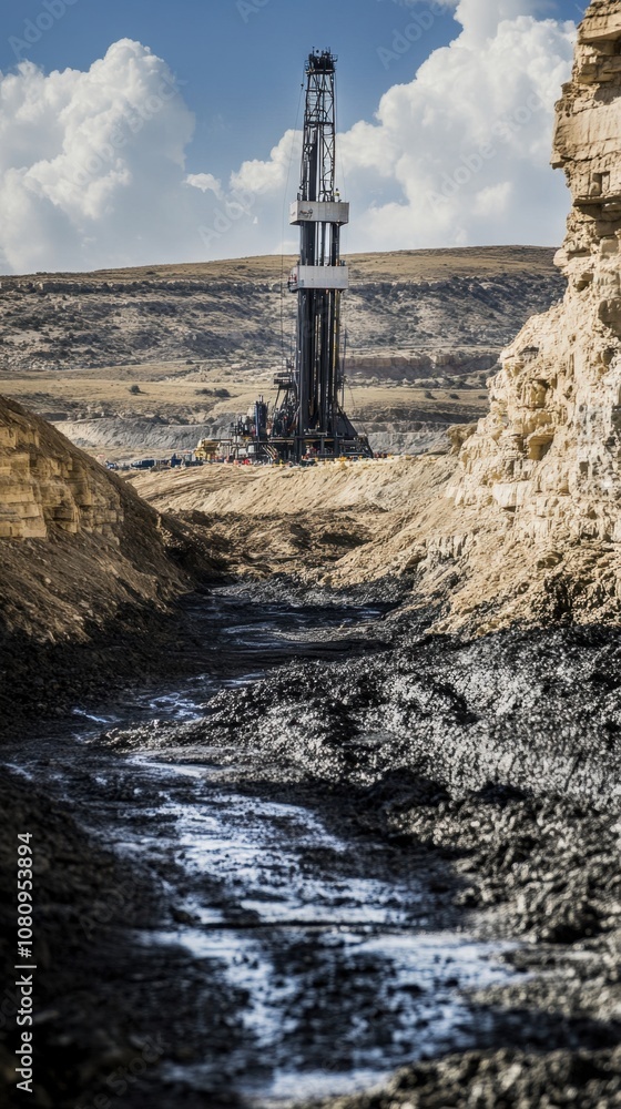 Oil extraction process in remote region, massive drilling rigs, black ...