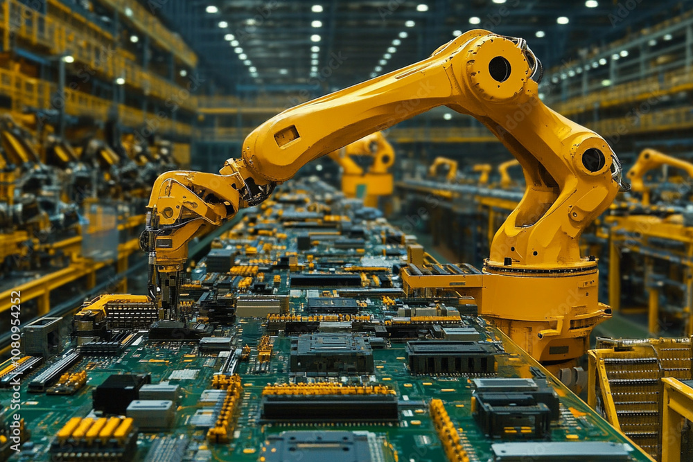 Robotic arm assembling circuit board in electronics manufacturing plant ...