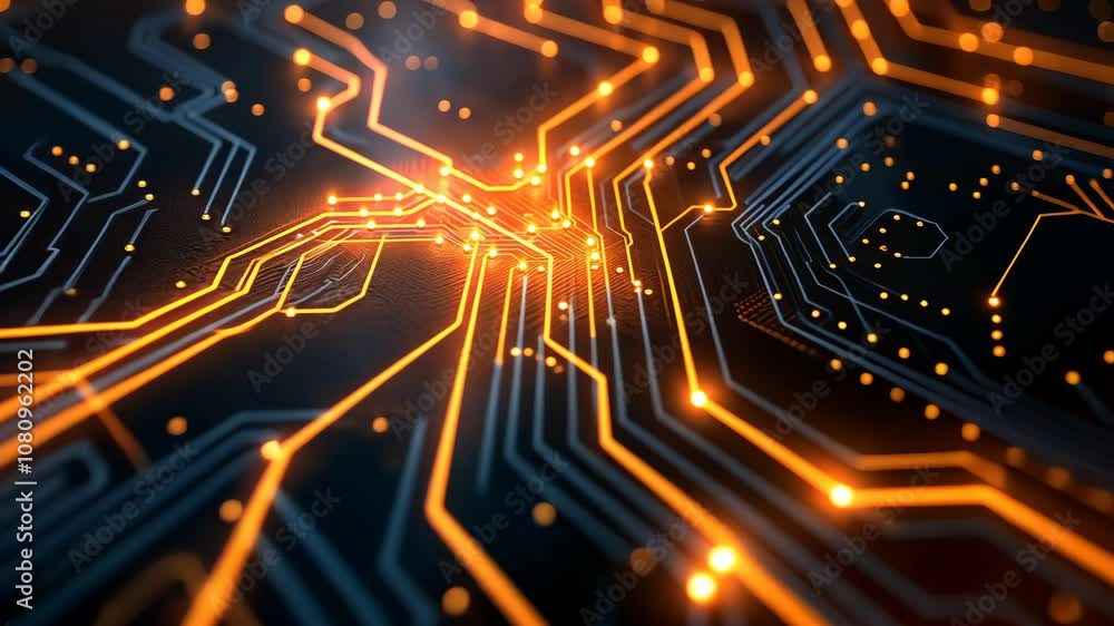 Glowing orange lights on electronic circuit board pathways. High-resolution digital artwork ...