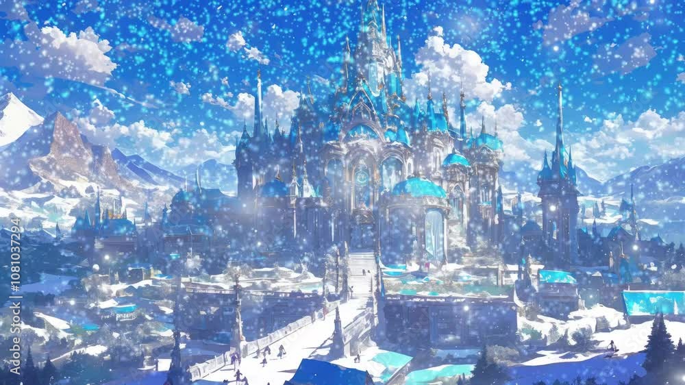 A breathtaking view reveals a grand palace surrounded by snow and ...