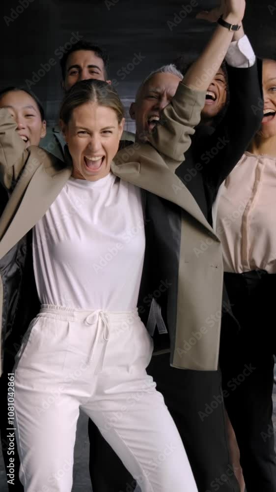 Vertical. Excited funny multi-ethnic staff people business team stand ...