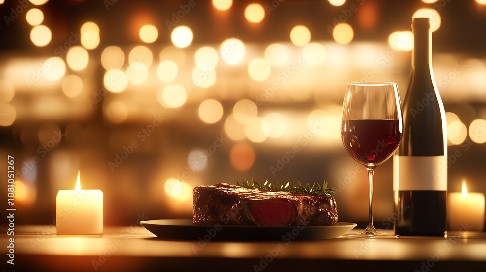 Steak with wine and dim candlelight, luxurious background with elegant ...