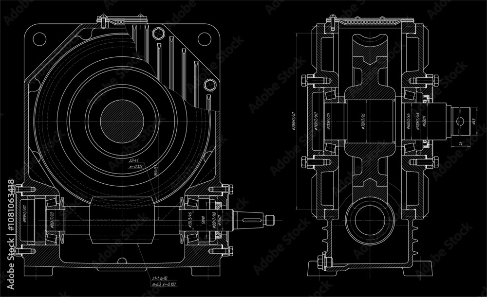 Assembly drawing of electrical reducer. Vector design of steel ...