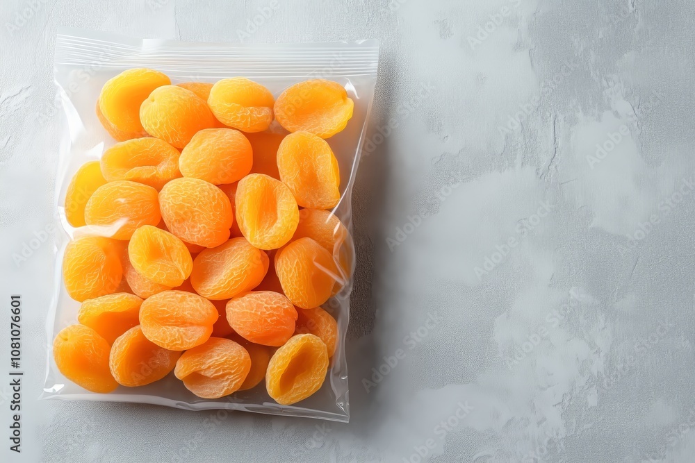 Transparent plastic bag filled with dried apricots in shells on a light ...