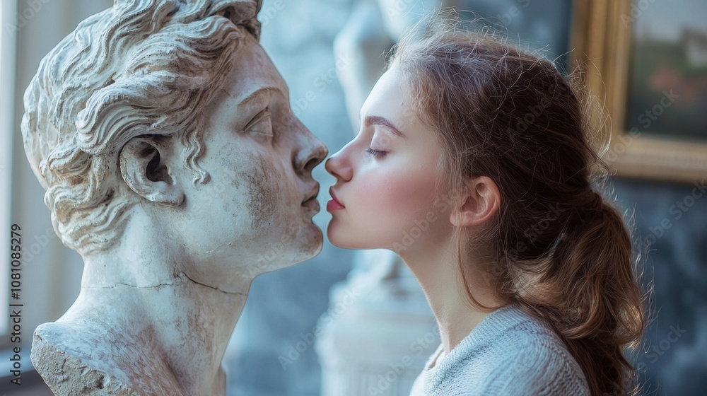 serene gallery adorned classical art young woman leans kiss lips stunning antique statue merging ...
