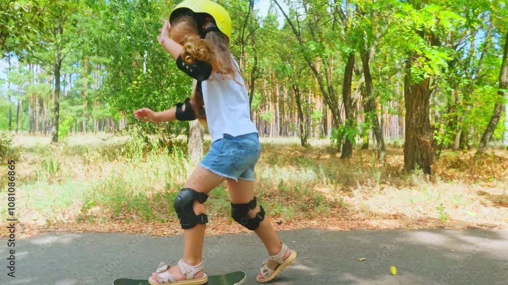 Little caucasian child girl kid skating on skateboard at the park. Cute ...