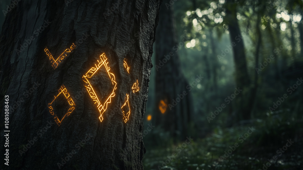 Close-up of an enchanted Slavic forest with light filtering through ...