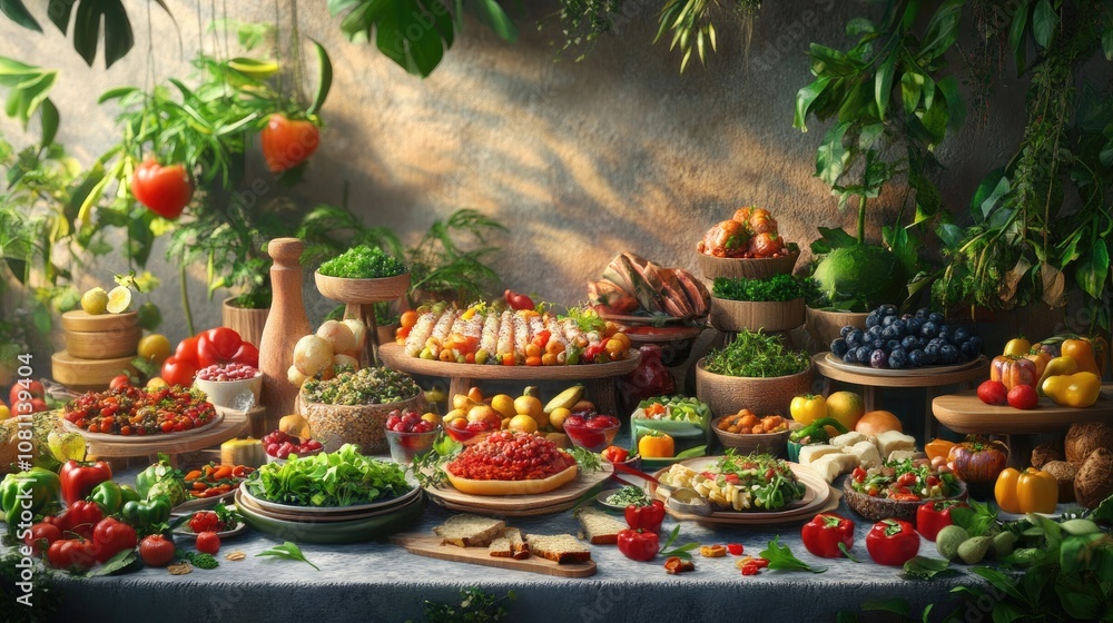 A vibrant display of fresh fruits and vegetables on a rustic table, showcasing nature's bounty ...