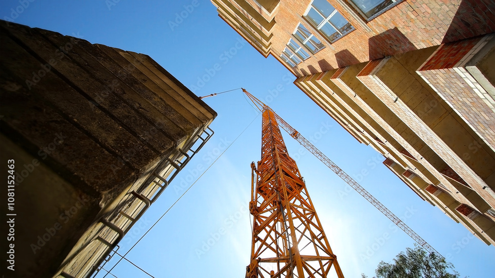 Construction Crane Towering Between Building Structures. A towering ...
