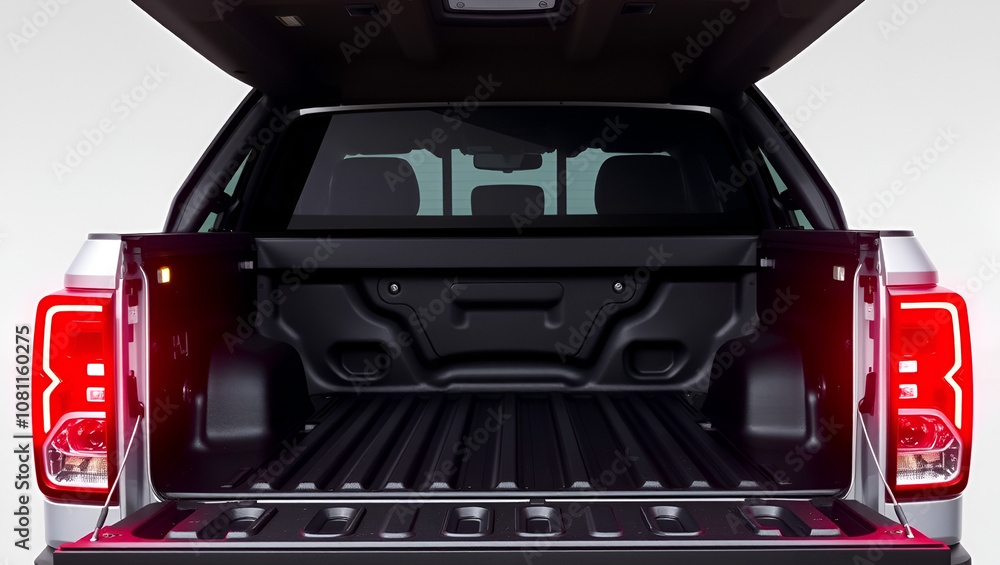 Spacious cargo area of a pickup truck with tailgate down and modern ...