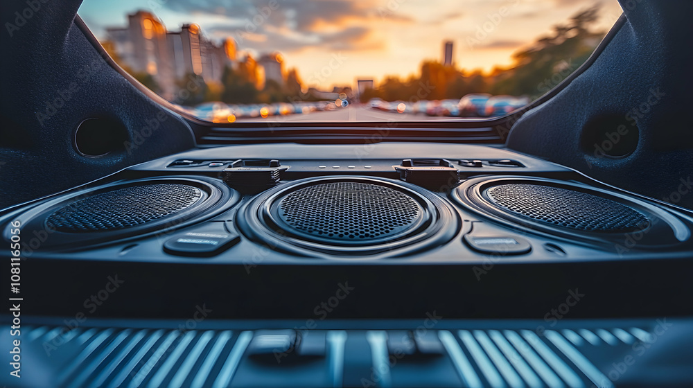 Car Audio System with City Sunset View, car speakers, sound system ...