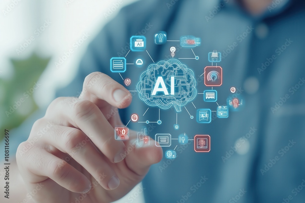 Ai technology integration concept man interacts with digital brain ...