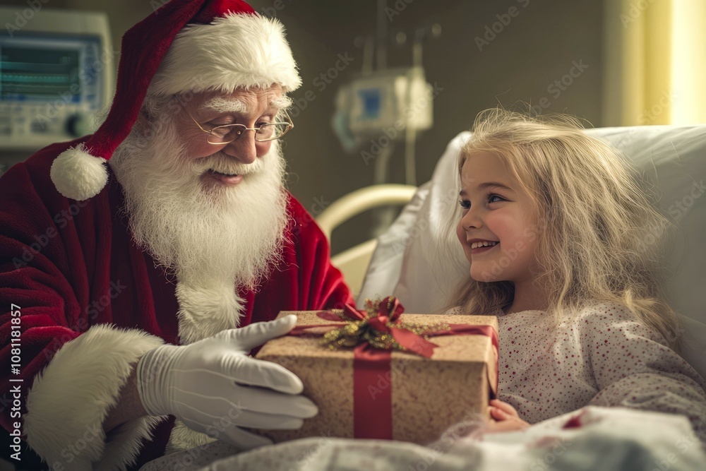 Santa Claus giving a gift to a child girl hospital patient, spreading ...