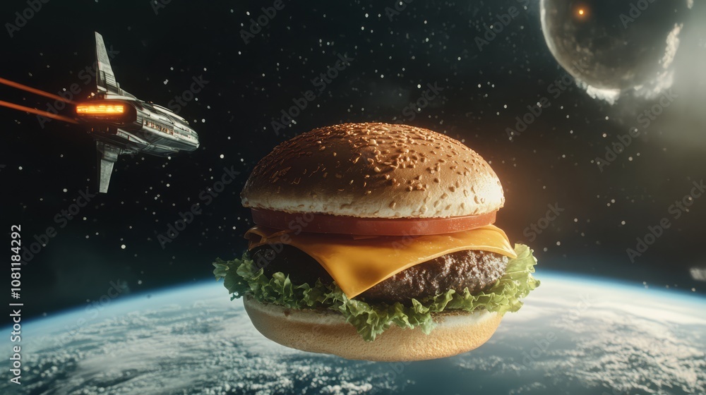 Space Burger: A cheesy burger floats in the vastness of space, with a ...