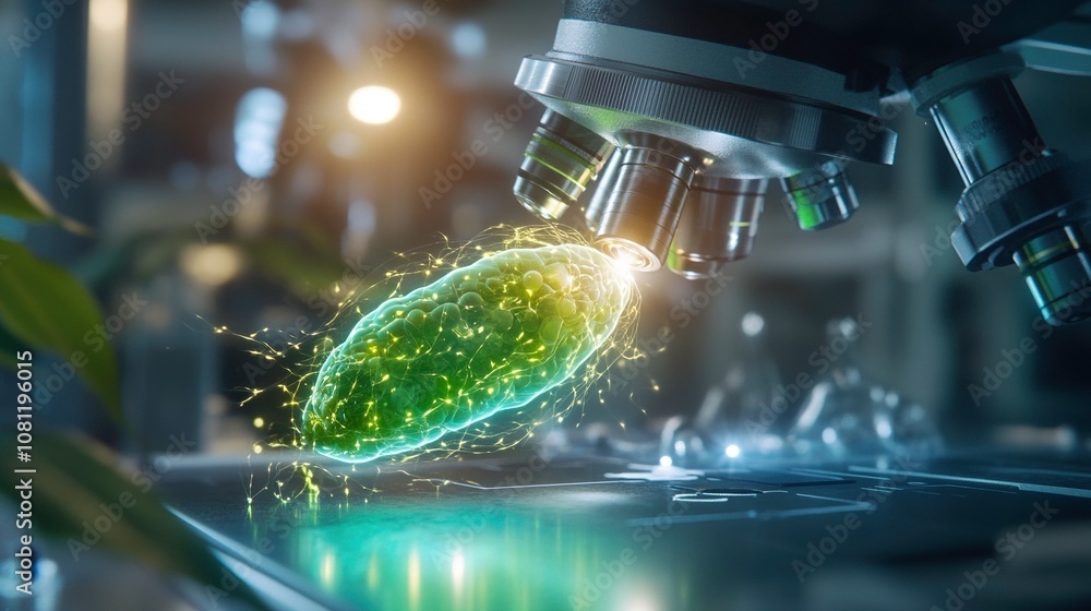 Bioluminescent bacteria under microscope, showcasing vibrant green ...