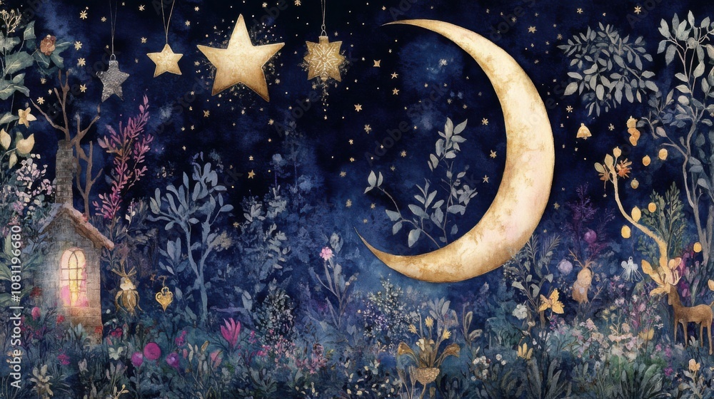 Whimsical night garden with crescent moon and stars illuminating lush ...