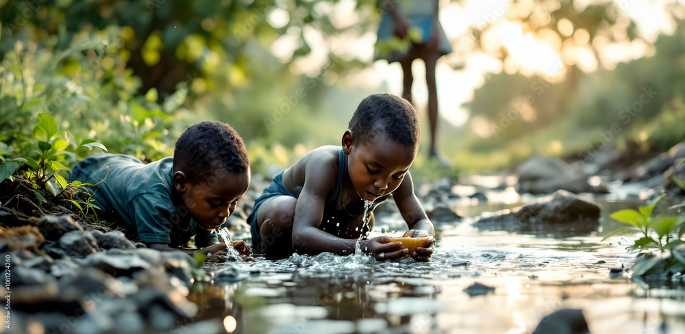 An image of children collecting water from a distant source ...