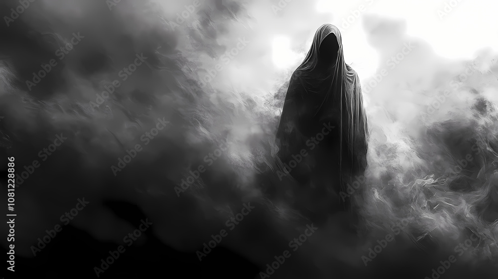Mysterious cloaked figure in smoke, embodying enigma and intrigue, perfect for themes of ...