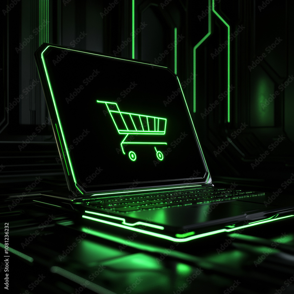 Black Friday, laptop with green neon lights, shopping cart coming out ...