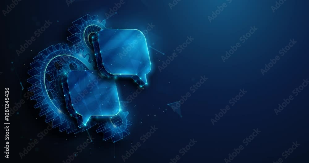 Abstract animated low poly chat bubbles floating over spinning gears ...