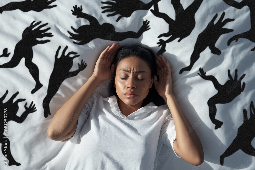 Woman lying in bed with eyes closed, surrounded by dark shadowy figures ...