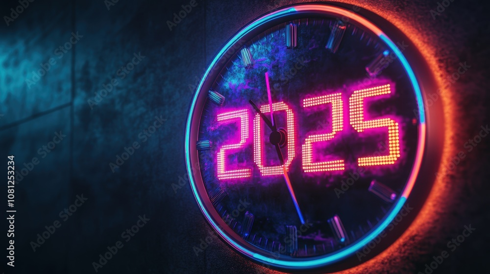 Futuristic wall clock striking midnight, showing '2025' in bold digital ...