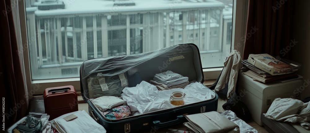 An open suitcase filled with neatly folded clothes and books sits by a ...