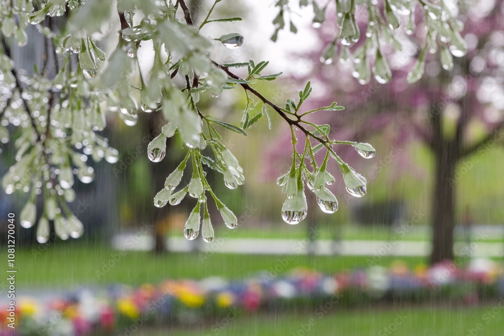 Spring Rain on Blossoms. Delicate white blossoms on a tree branch ...