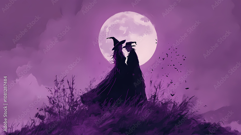 Artistic halloween witch couple illustration with purple hues and full ...
