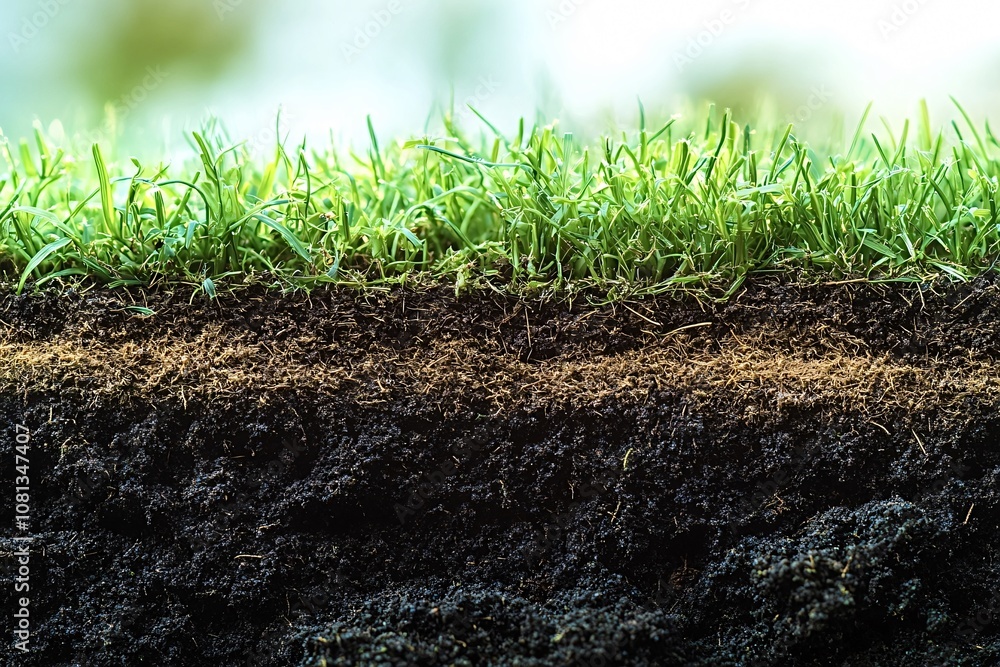 Lush green grass thrives above layers of fertile soil, showing the ...