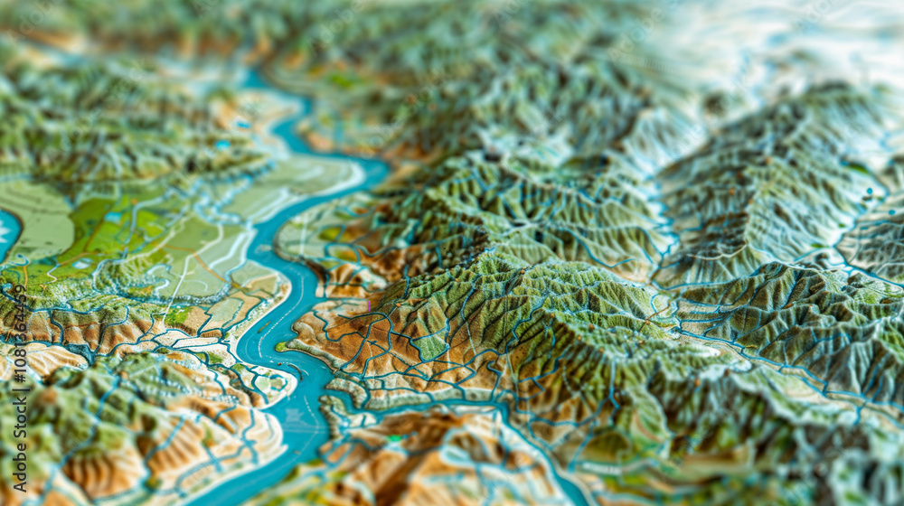 Detailed topographical relief map showing meandering river through ...