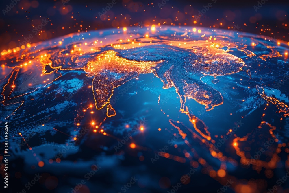 Glowing Map of Earth at Night Showing Connectivity in South Asia ...