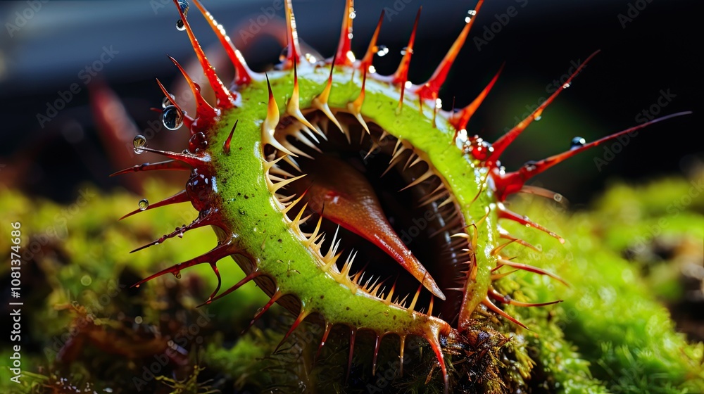 A close-up view of a Venus flytrap with its vibrant green lobes open ...
