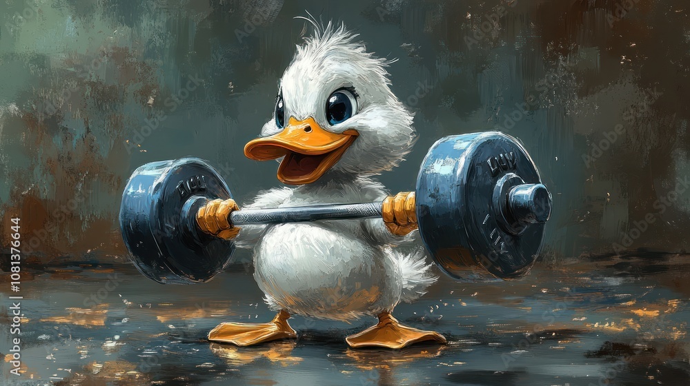 A cartoon duck trying to lift dumbbells with its wings, flapping and ...