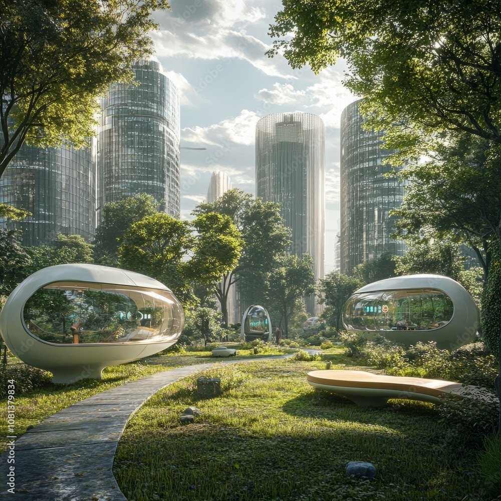 Green city park with AI-managed environmental sensors, futuristic ...